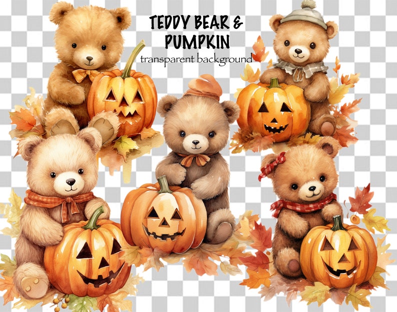 Autumn Watercolor Bear Pumpkin Clipart, Fall Animal Png, Kids Fall ...