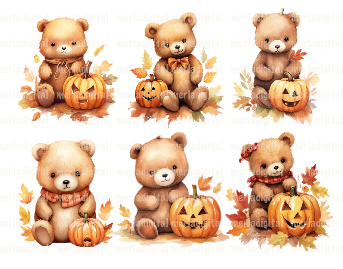 Autumn Watercolor Bear Pumpkin Clipart, Fall Animal Png, Kids Fall ...