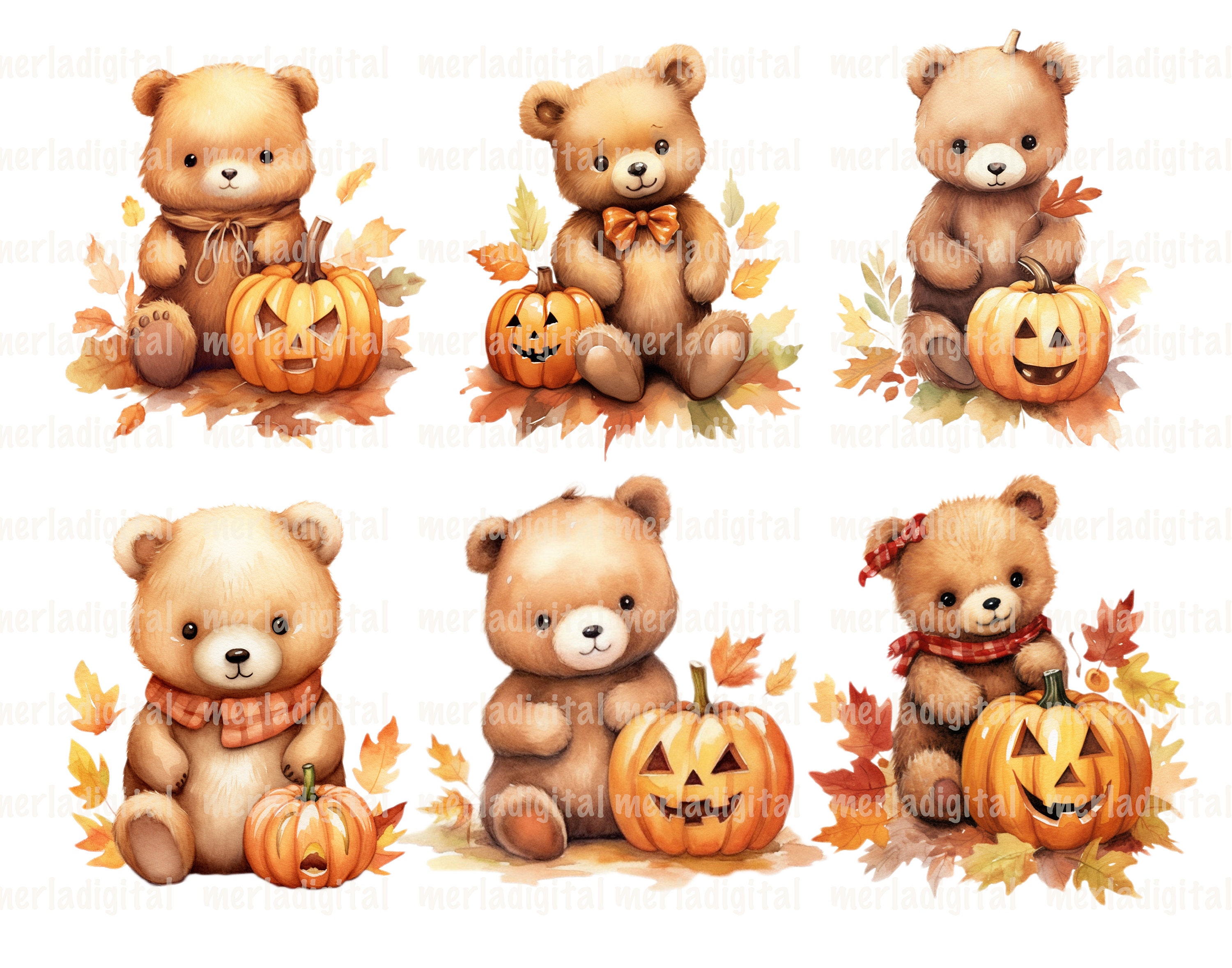 Autumn Watercolor Bear Pumpkin Clipart, Fall Animal Png, Kids Fall ...