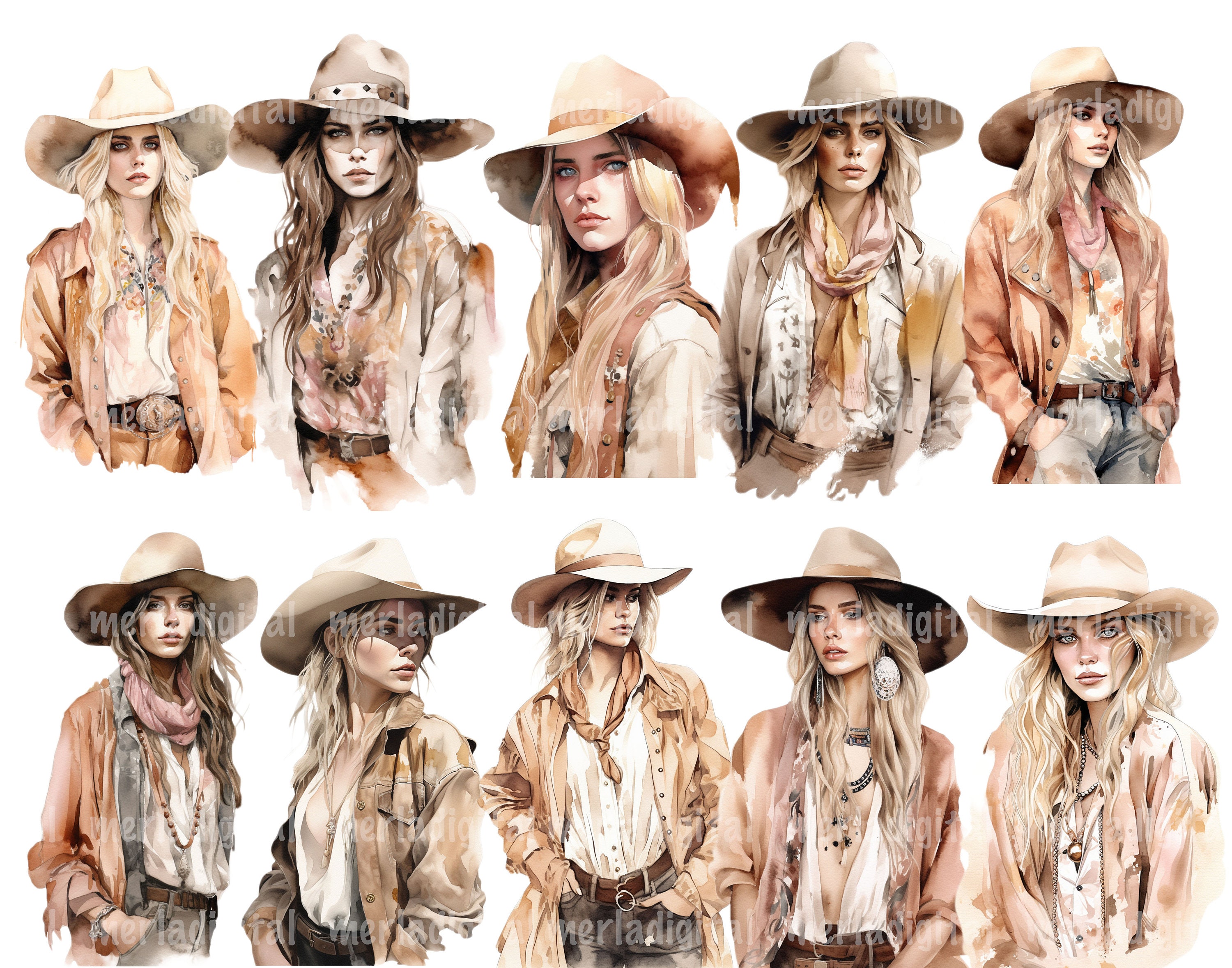 Watercolor Western Clip Art Bundle Cowgirl Png Western Boho Clipart ...