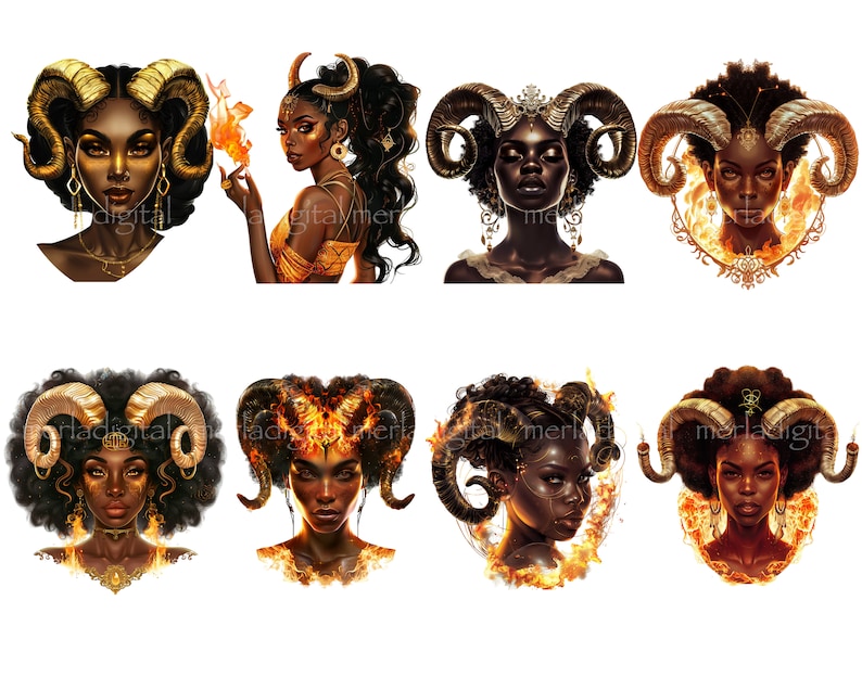 Zodiac Aries Bundle PNG Sublimation Horoscope Fantasy Black Woman Zodiac Celestial Star Sign ...