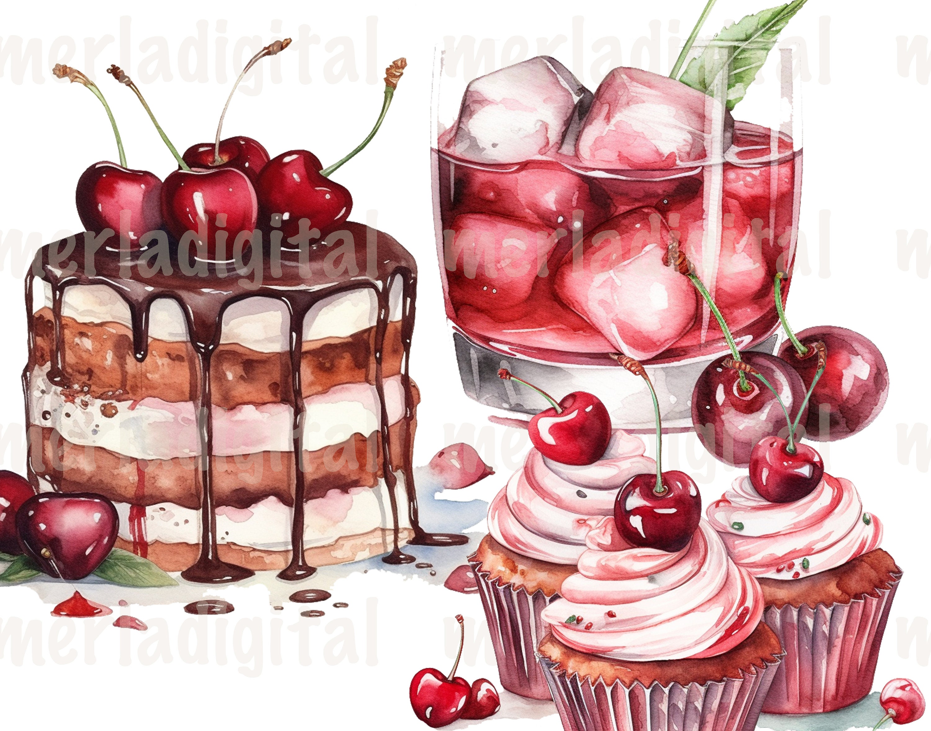 Cherry Clipart, Watercolor Cherry Goods Png. File, Digital Download ...