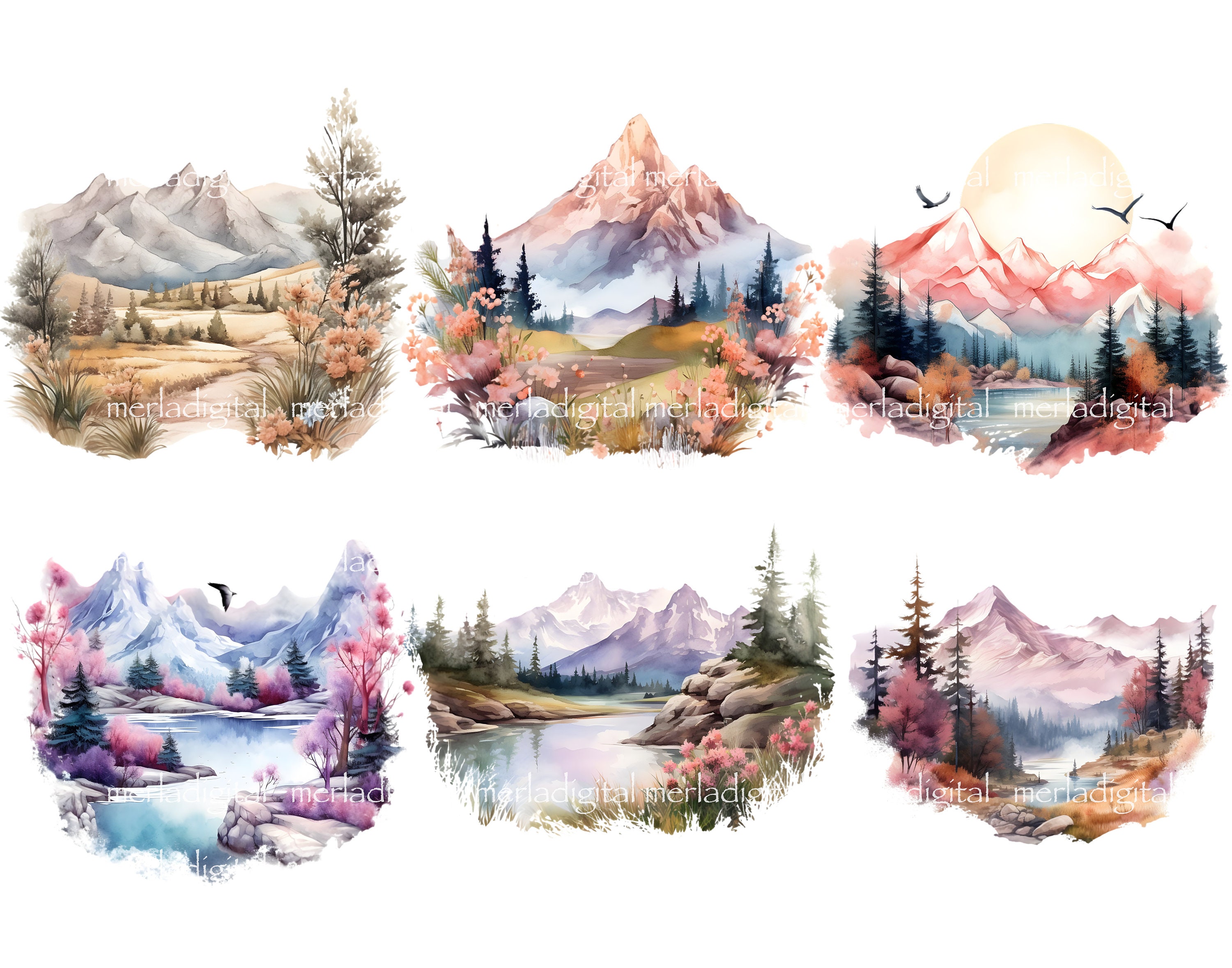 Watercolor Mountain Landscape Clipart Pastel Colors Landscape Scene Png ...