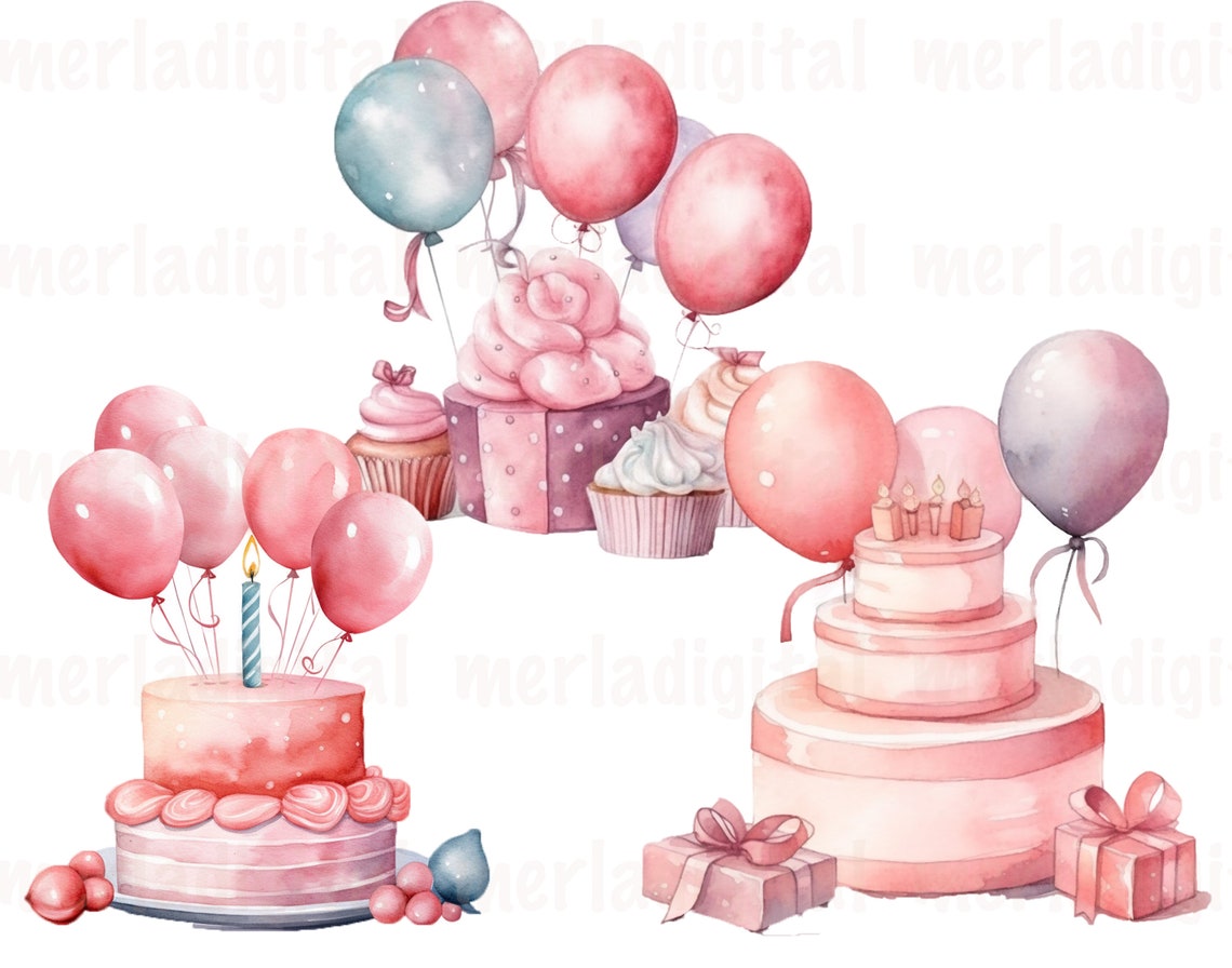 Watercolor Pink Birthday Clipart Pack, Balloons Clipart, Gift Clipart ...