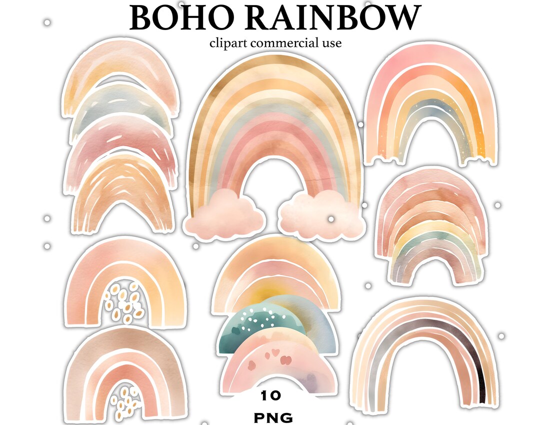 Boho Watercolor Rainbow Clipart, Neutral Nursery Art (PNG Bundle) - Etsy