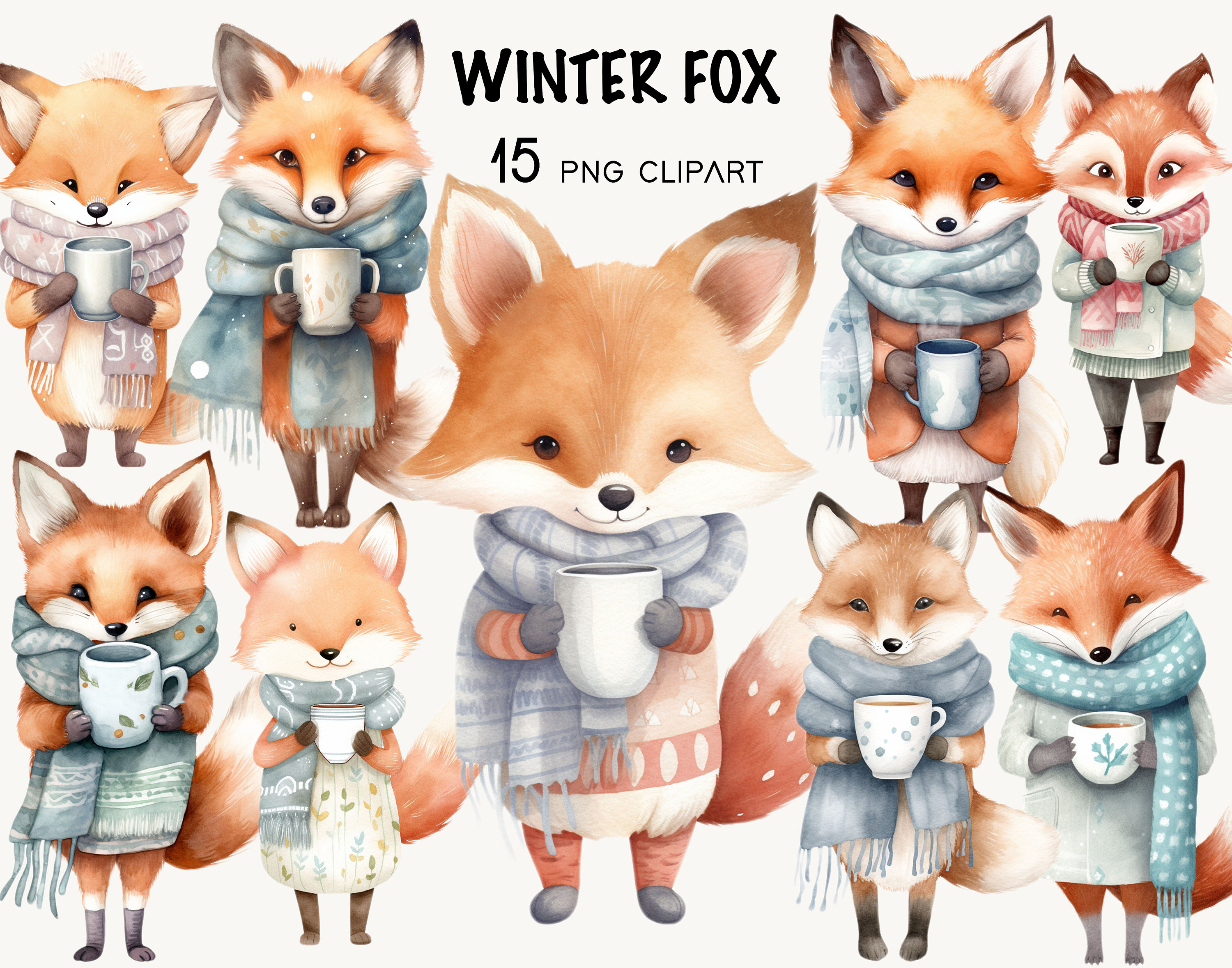 Watercolor Winter Fox Clipart Bundle (PNG Digital Download) - Etsy