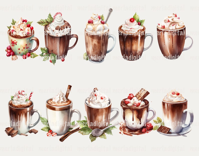 Christmas Clipart Hot Chocolate PNG Bundle Watercolor Christmas Sweets ...