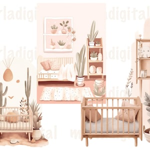 Boho Baby Room Watercolor Clipart, Nursery Room Clipart, Boho Kid, Boho ...