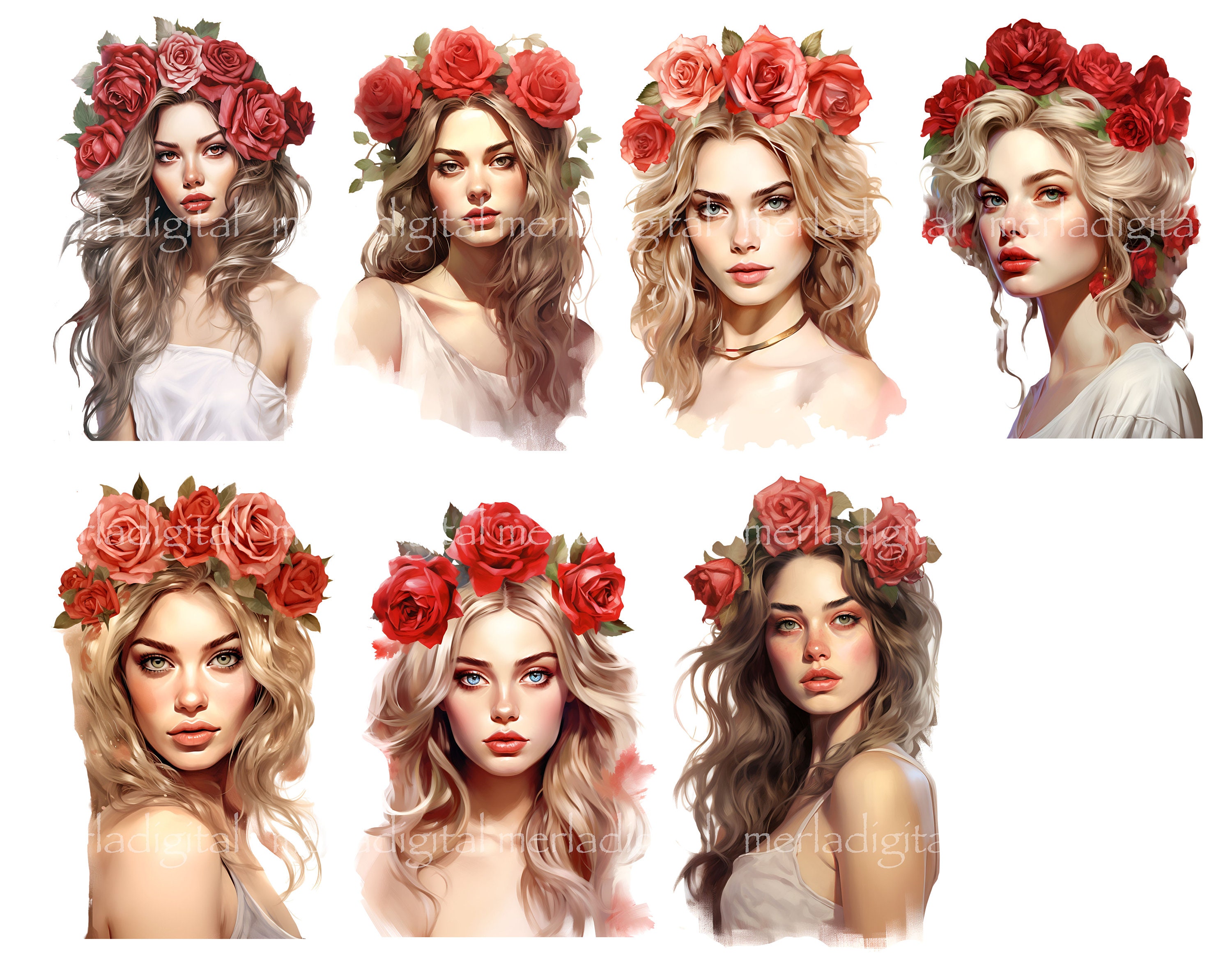 Flower Girls Watercolor Clipart Bundle Red Rose Valentine Clipart PNG ...