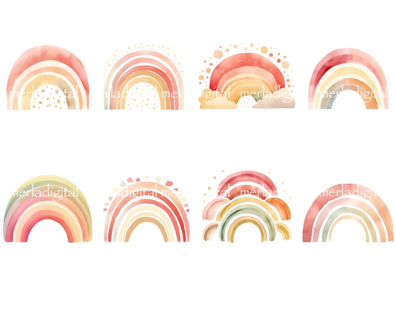 Rainbow Watercolor Clipart Bundle Cute Rainbow Printable Boho Rainbow ...