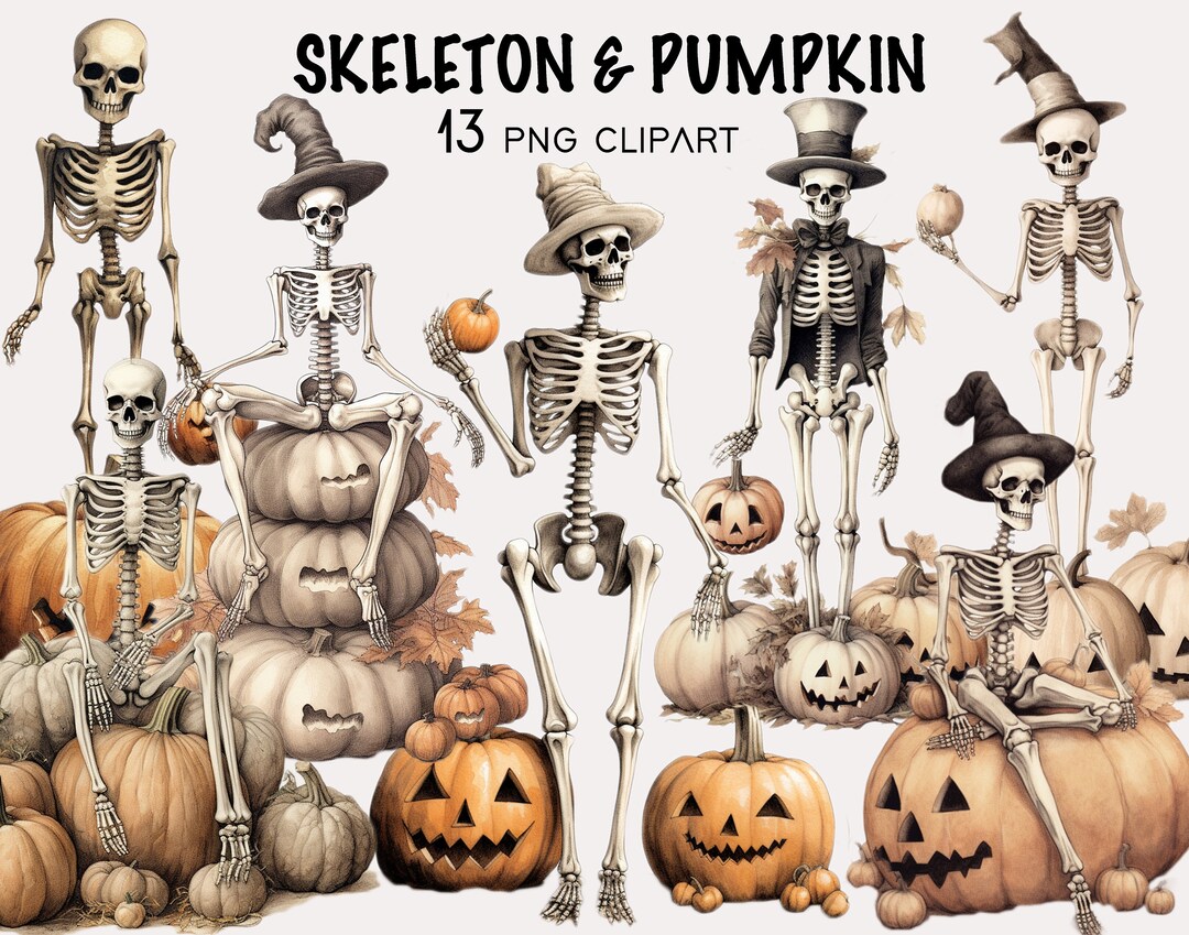 Skeleton Pumpkin Watercolor Clipart for Halloween Decor Minimal Skull ...