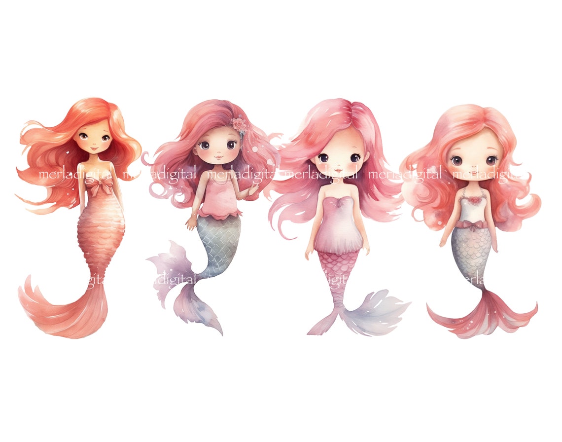 Watercolor Mermaid Clipart Pink Mermaid Kids Clipart Bundle Nursery ...