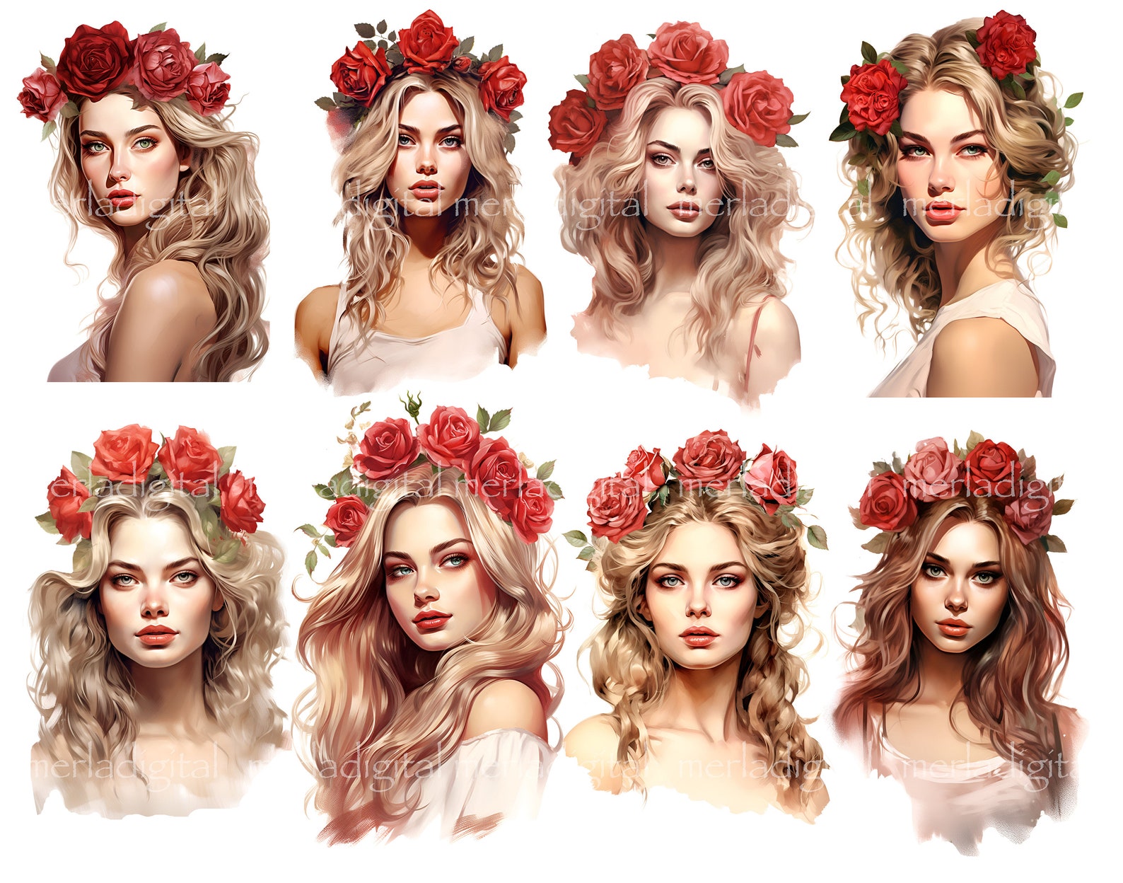 Flower Girls Watercolor Clipart Bundle Red Rose Valentine Clipart PNG ...