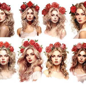 Flower Girls Watercolor Clipart Bundle Red Rose Valentine Clipart PNG ...