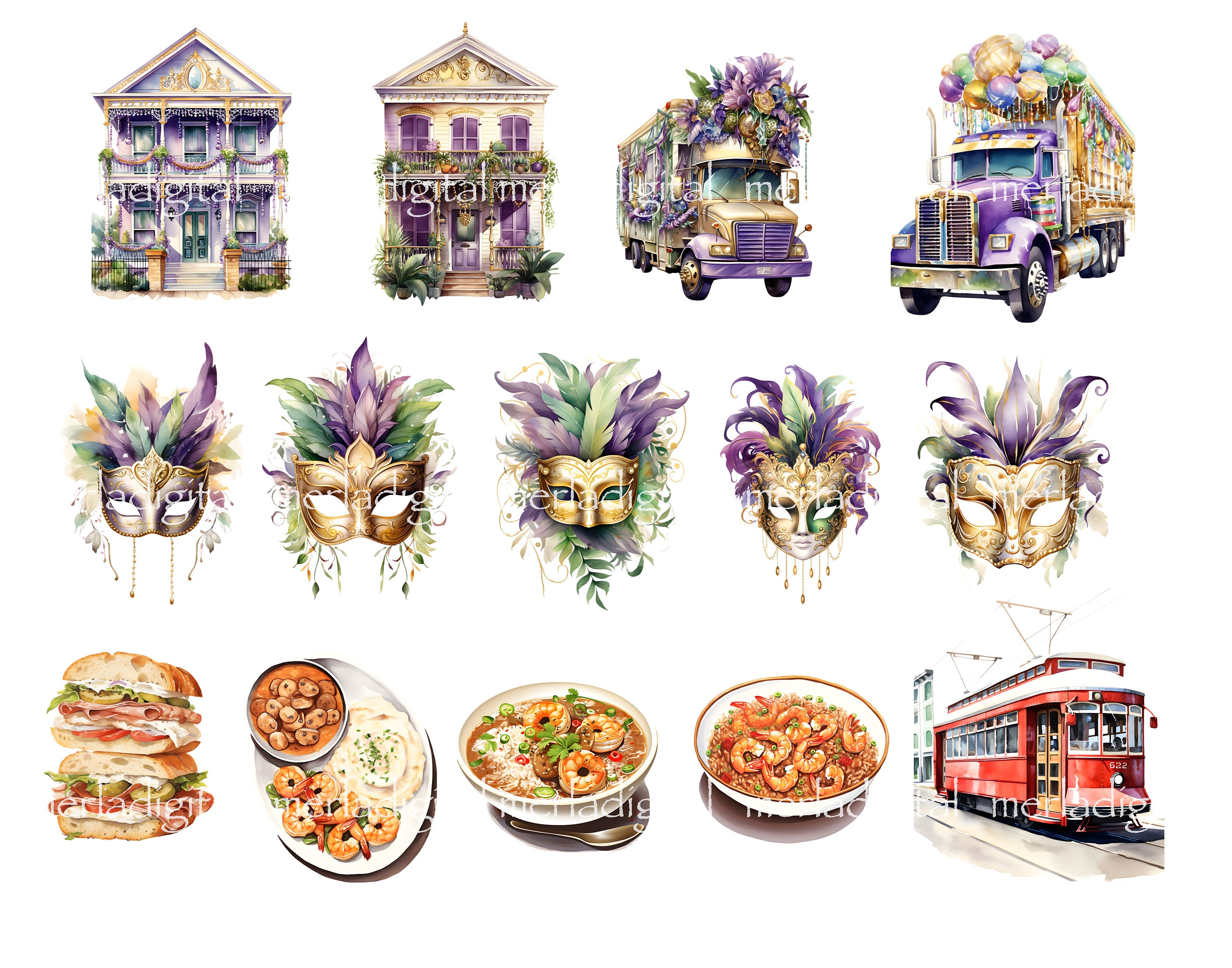 Watercolor Mardi Gras Bundle Clipart PNG New Orleans Graphics King Cake ...