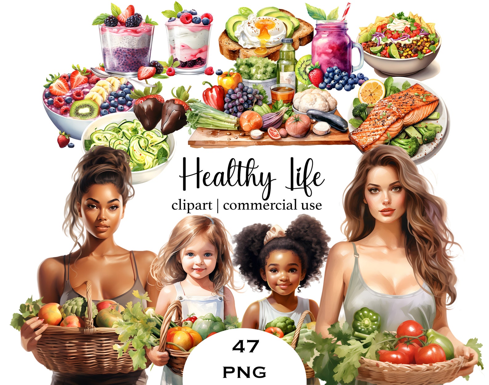Watercolor Healthy Food Clipart: 47 PNG Graphics (digital Download) - Etsy