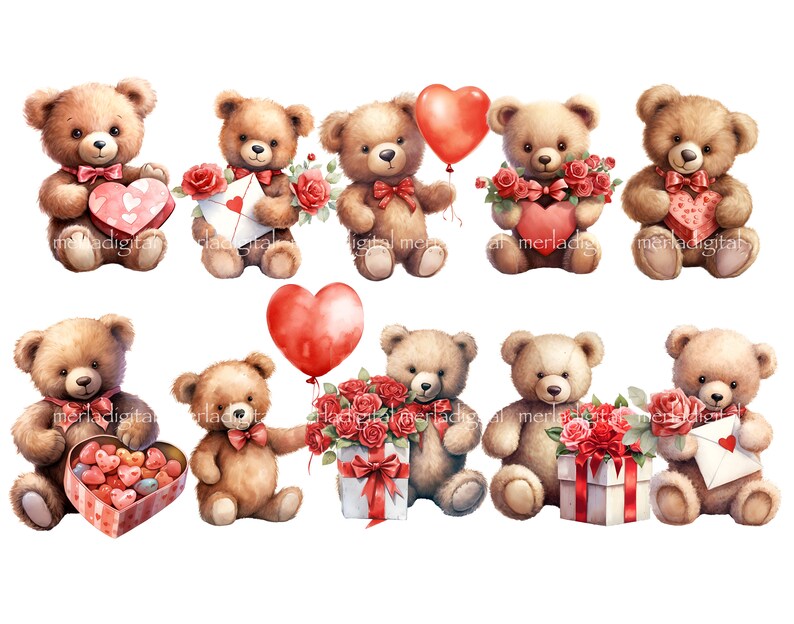 Valentines Teddy Bear Clipart Bundle Roses Valentines Day Clipart ...
