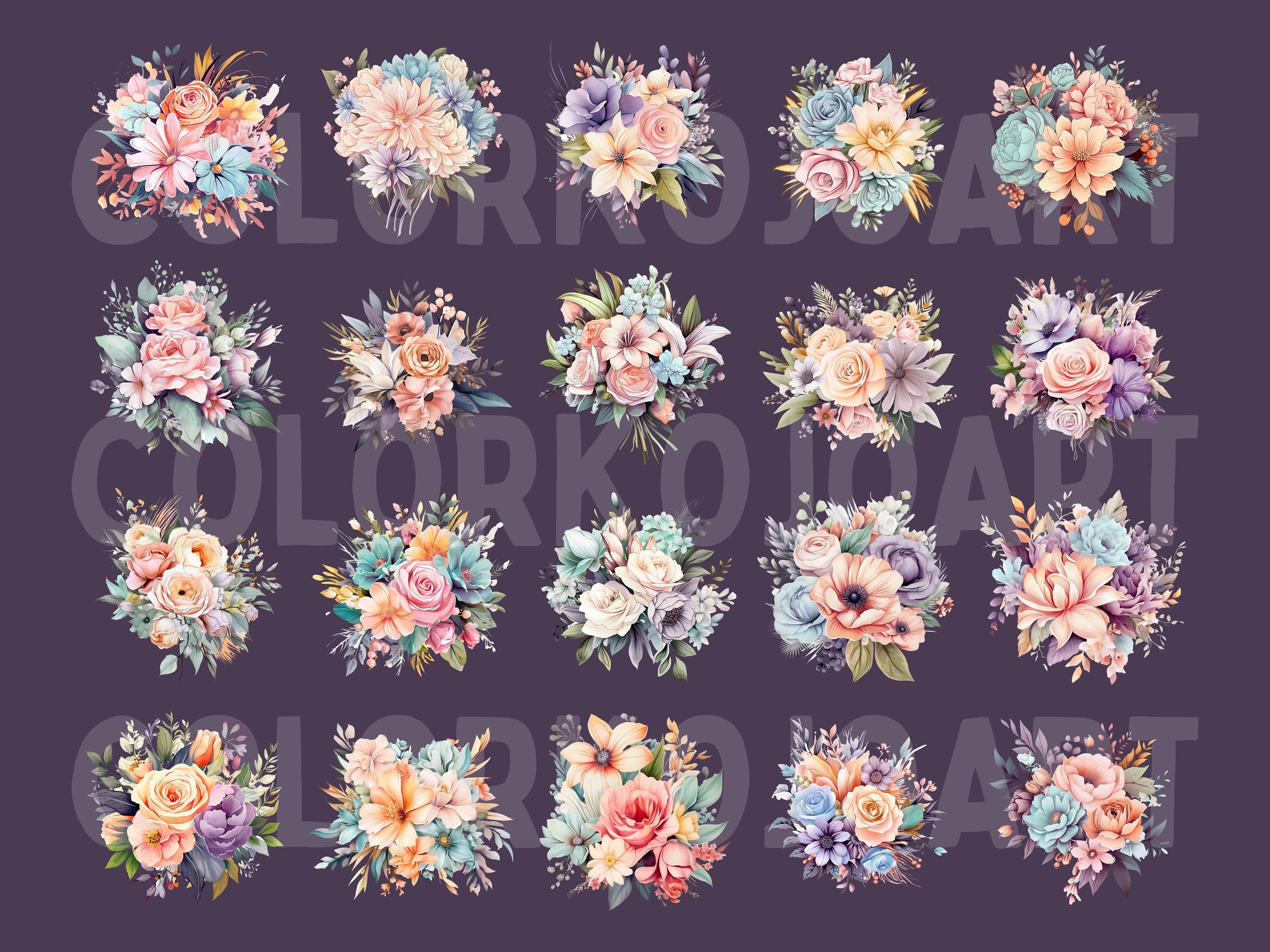 100 Pastel Flower Posy Clipart Watercolor Wild Flowers Pastel Flower ...