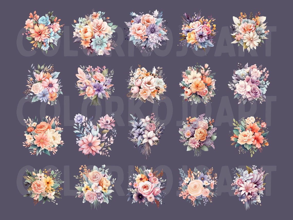 100 Spring Flower Bouquet Clipart Watercolor Wild Flowers Floral ...