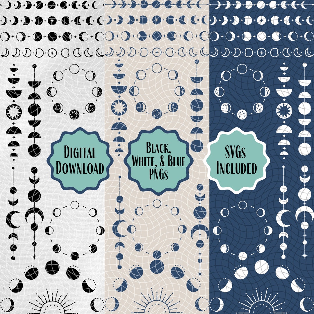 Moon Phase PNG SVG Bundle, Waxing Waning Crescent Moon, Lunar Cycles ...