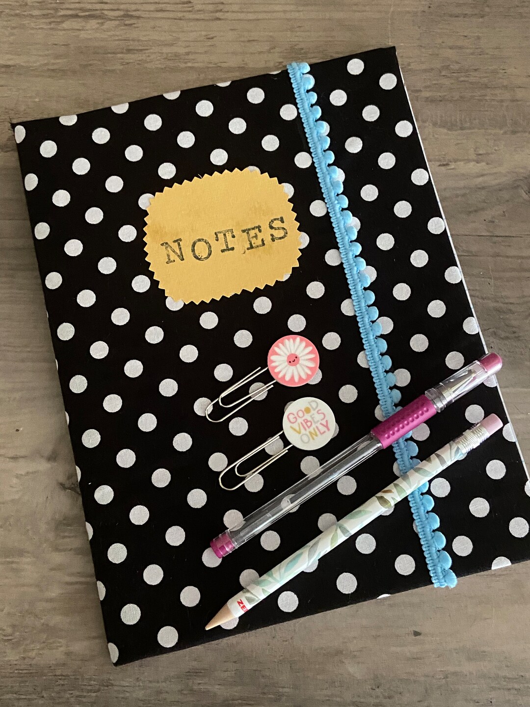 Black & White Polka Dot Fabric Covered Notebook ~ 7.5”x10” ~ Blue Ric ...