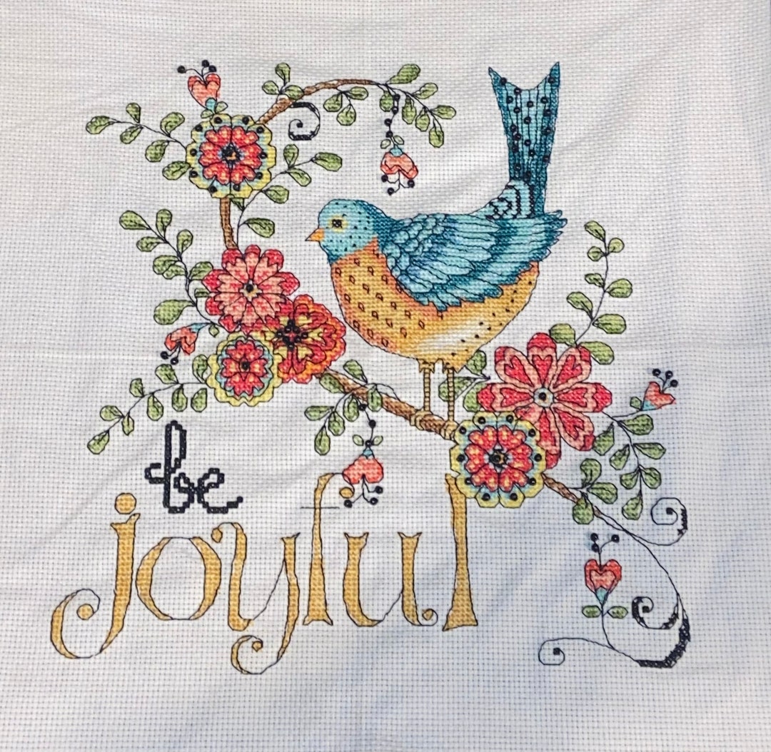Completed Heartfelt “be Joyful” Counted Cross Stitch With Beaded Detail ...
