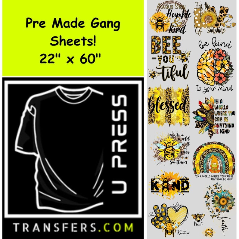 DTF Gang Sheet, DTF Transfers, Ready to Press Bee Kind DTF Gang Sheet ...
