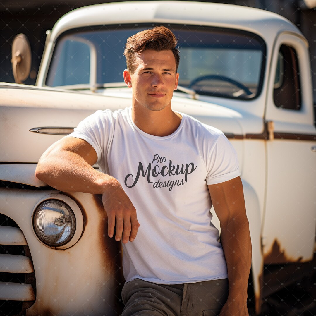 Gildan 64000 Mockup, Male White T-shirt JPG Mock, Vintage Car Guy ...