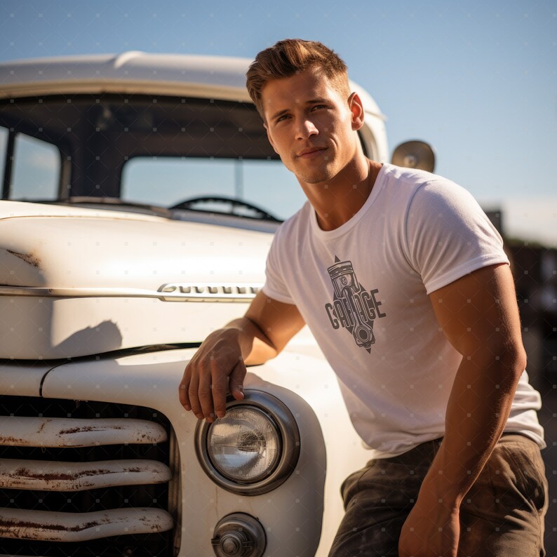 Gildan 64000 Mockup, Male White T-shirt JPG Mock, Vintage Car Guy ...