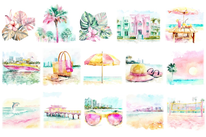 Watercolor Florida Beach Clipart | Watercolor Tropical Miami Beach Clip ...