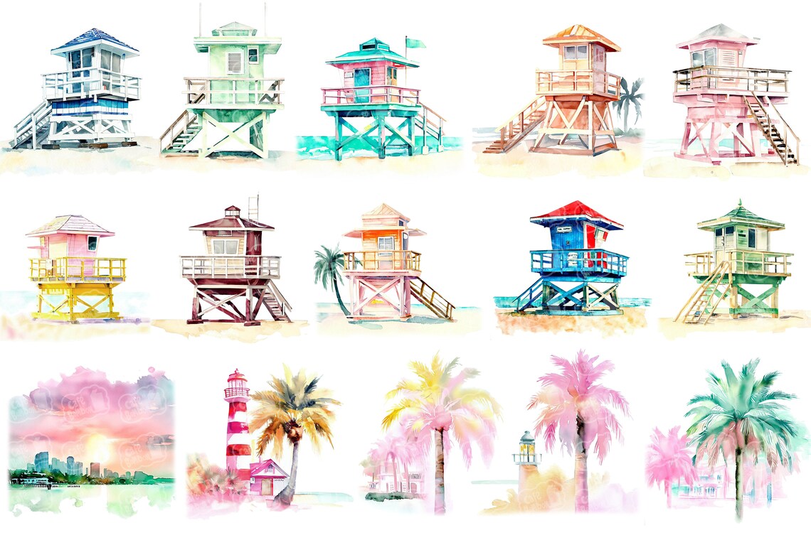 Watercolor Florida Beach Clipart | Watercolor Tropical Miami Beach Clip ...