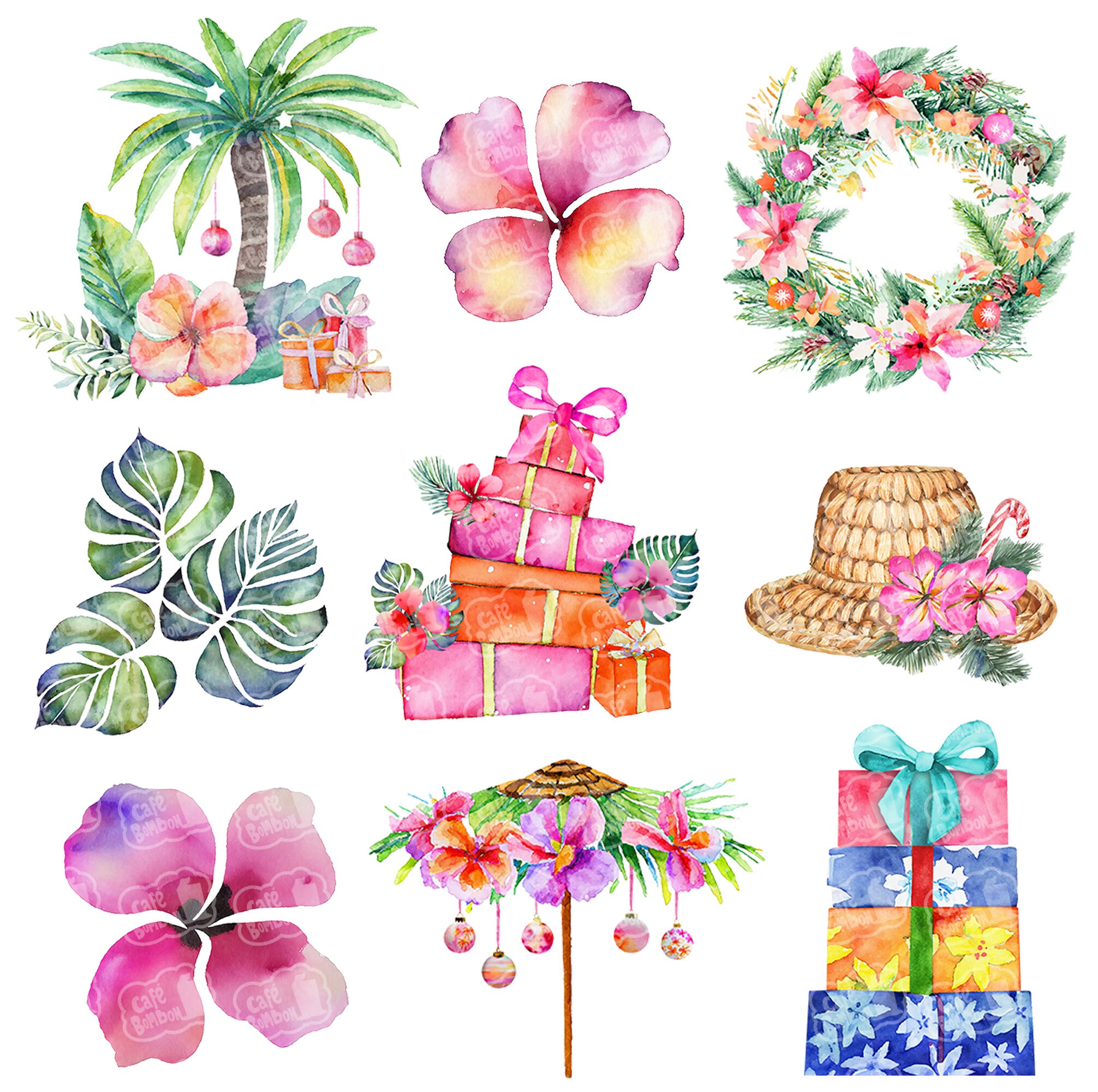Watercolor Tropical Christmas Clipart | Hawaii Christmas, Handmade Tiki ...