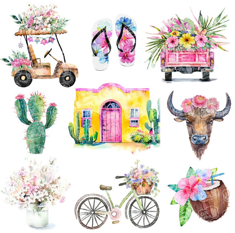 Watercolor Spring Summer Clipart | Aquarelle Tropical Hawaii Floral ...