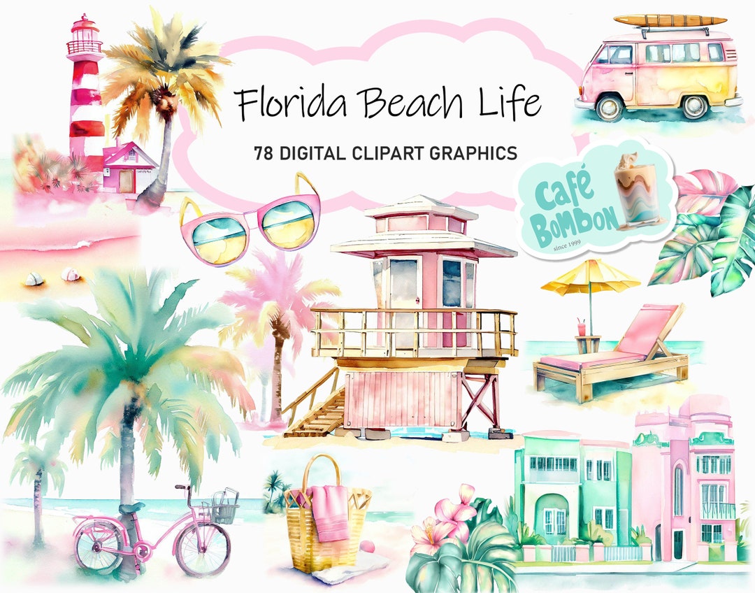 Watercolor Florida Beach Clipart | Watercolor Tropical Miami Beach Clip ...