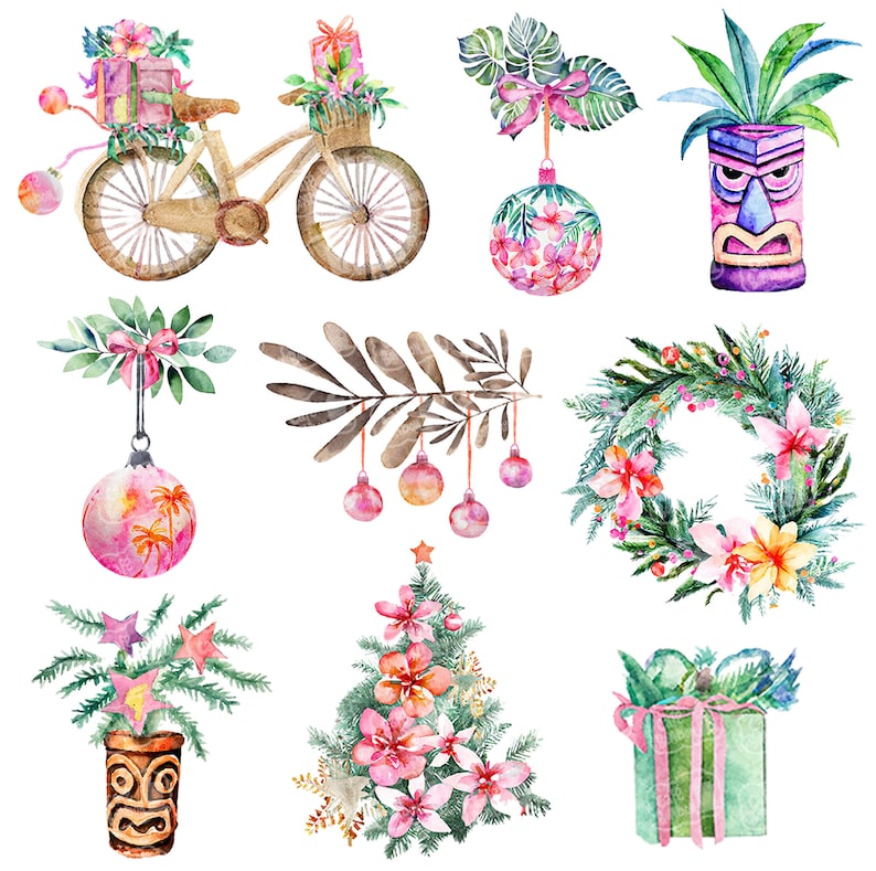 Watercolor Tropical Christmas Clipart | Hawaii Christmas, Handmade Tiki ...
