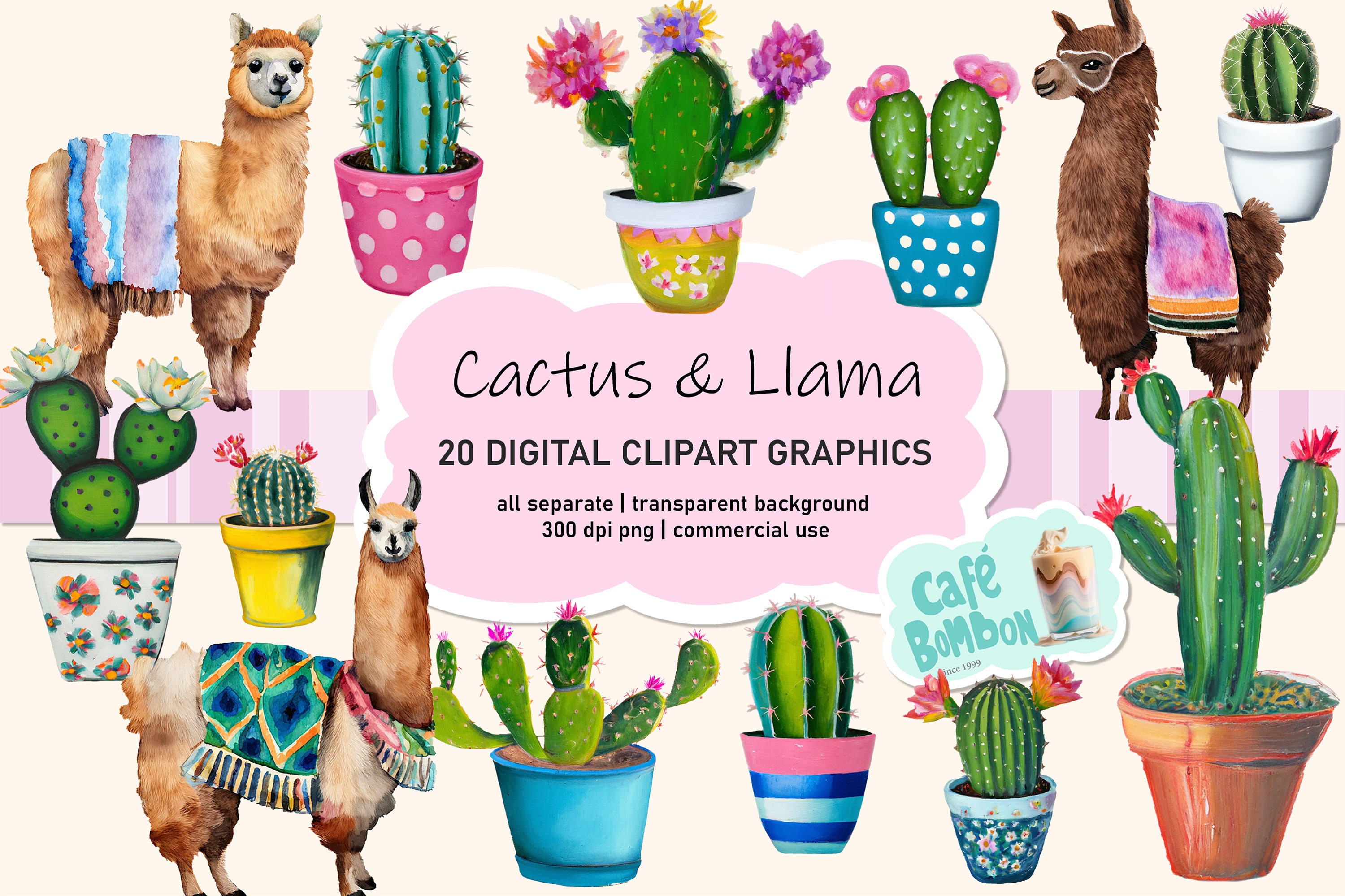 Watercolor Cactus & Llama Clip Art Cute Llama, Alpaca and Desert Cacti ...