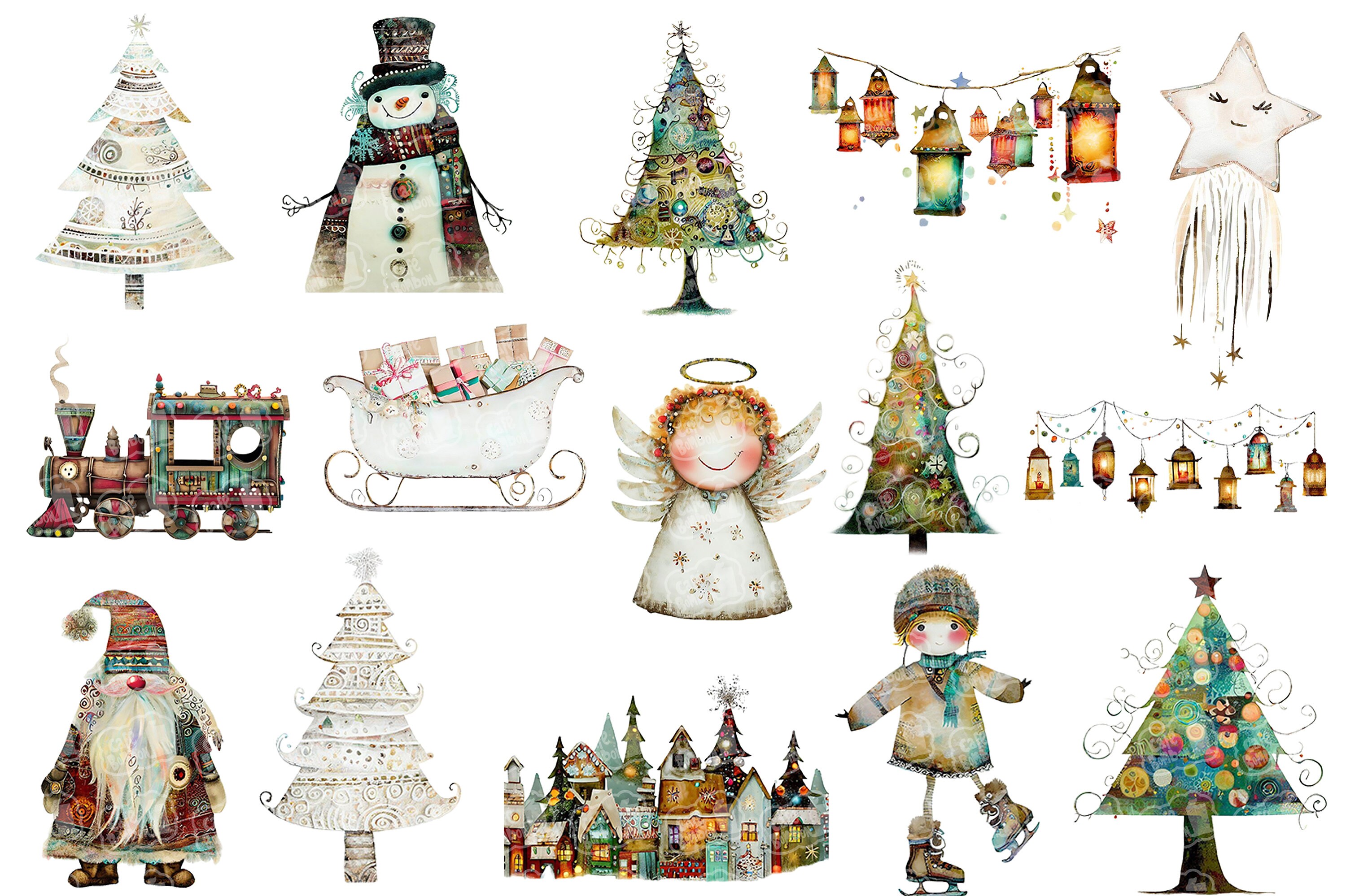 Watercolor Christmas Clipart Boho Christmas PNG, Printable Christmas ...