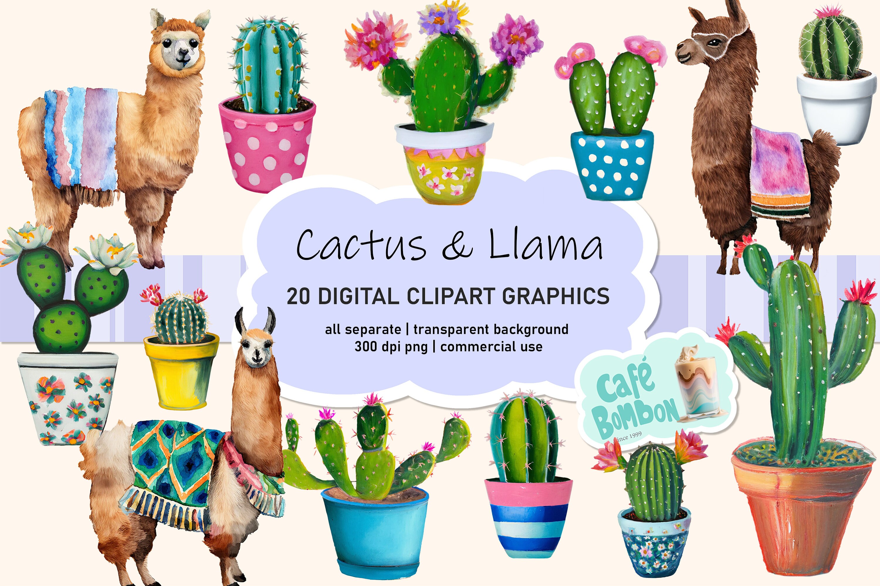 Watercolor Cactus & Llama Clip Art Cute Llama Alpaca and - Etsy