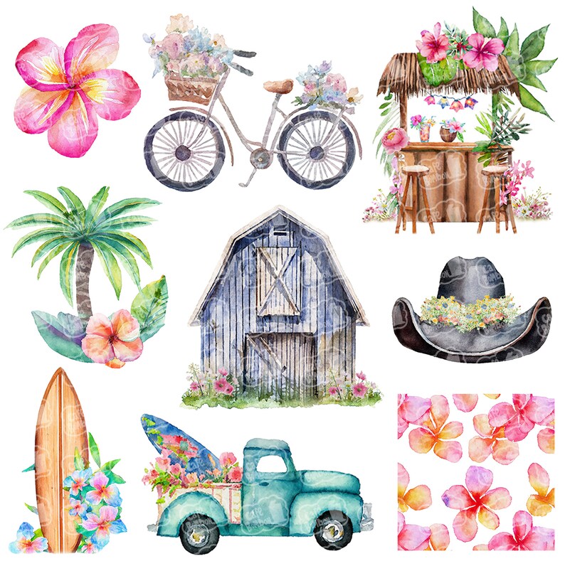 Watercolor Spring Summer Clipart | Aquarelle Tropical Hawaii Floral ...