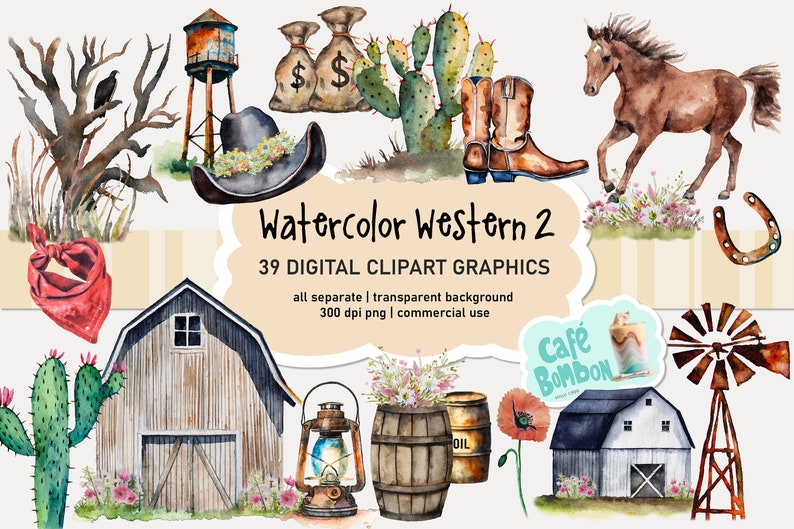 Watercolor Western Clipart 2 | American Texas Cowboy Ranch, PNG Digital ...