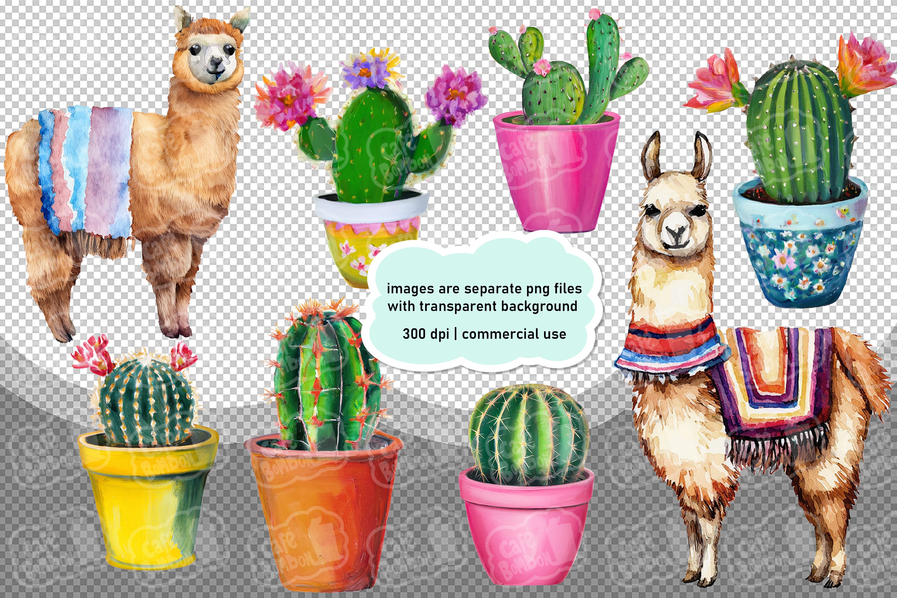 Watercolor Cactus & Llama Clip Art Cute Llama, Alpaca and Desert Cacti ...