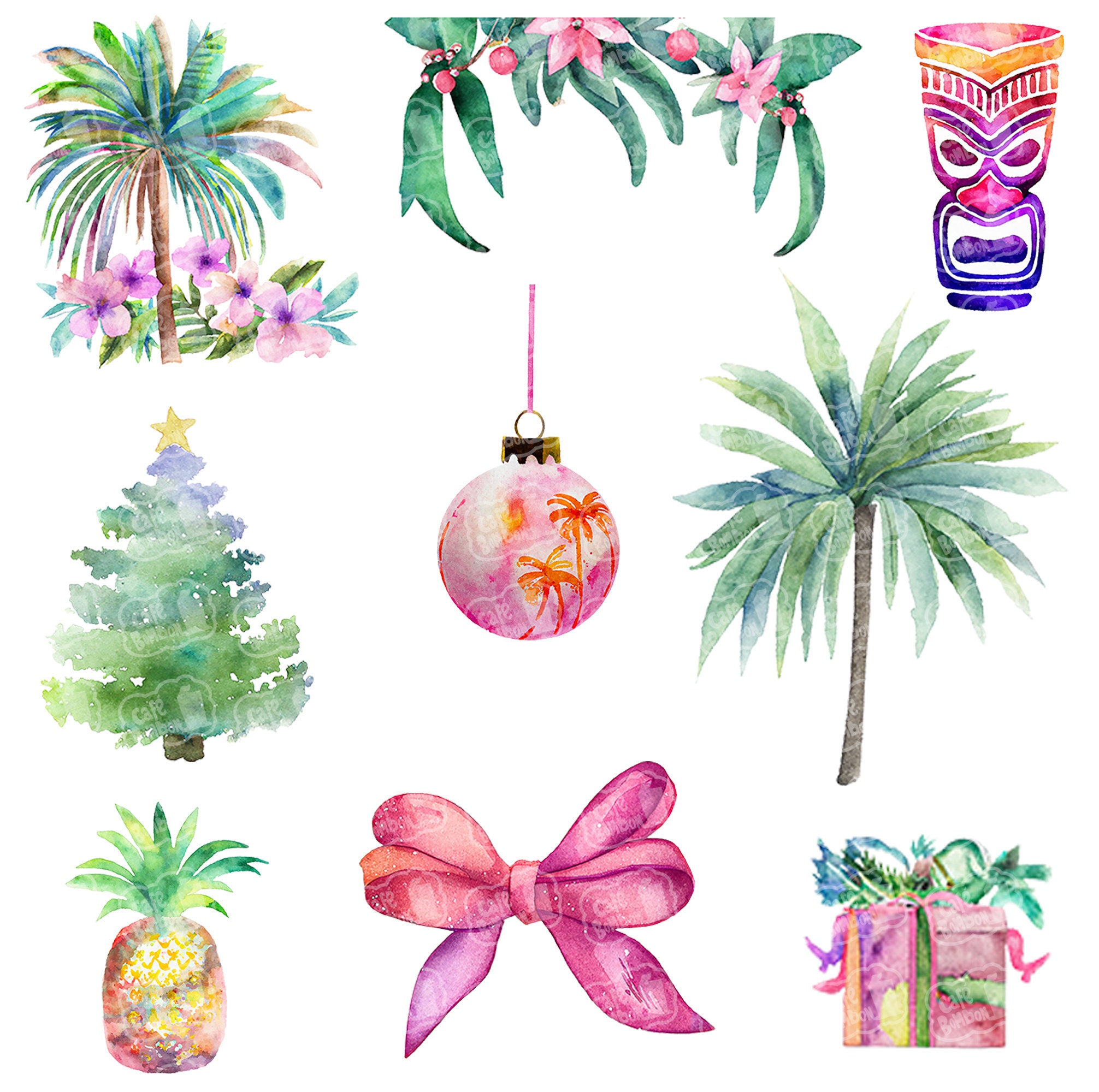 Watercolor Tropical Christmas Clipart Hawaii Christmas, Handmade Tiki ...