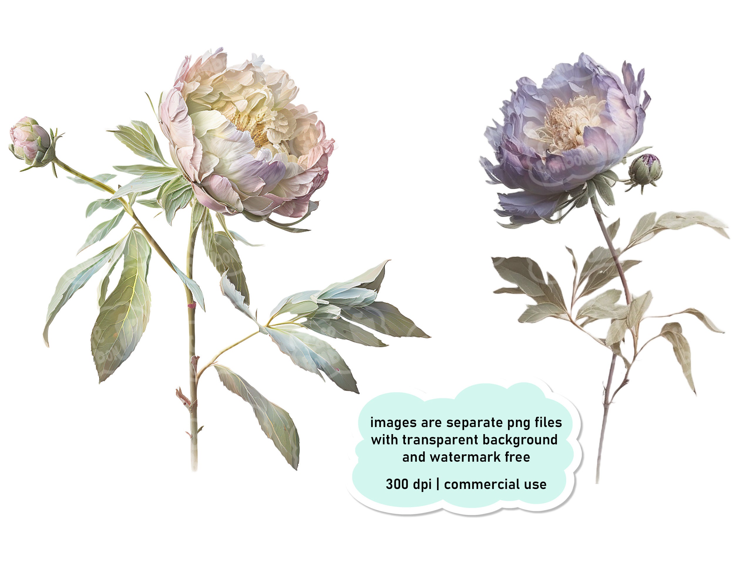 Watercolor Peonies Clipart | Digital Spring Summer Peony Flower, White ...