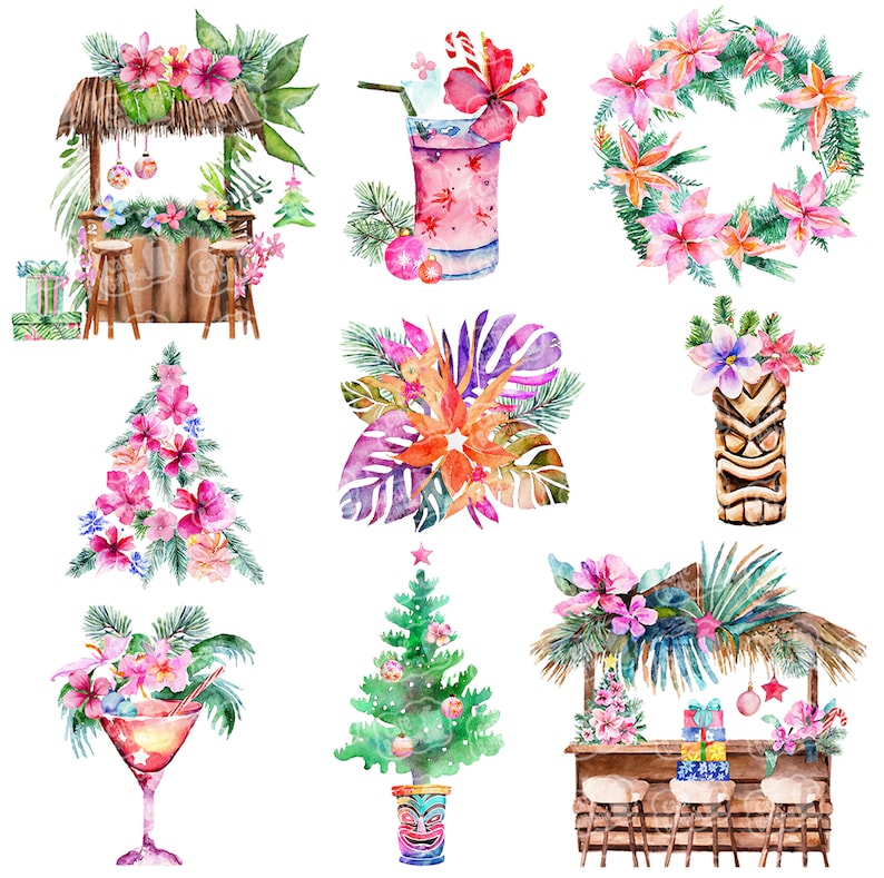 Watercolor Tropical Christmas Clipart | Hawaii Christmas, Handmade Tiki ...