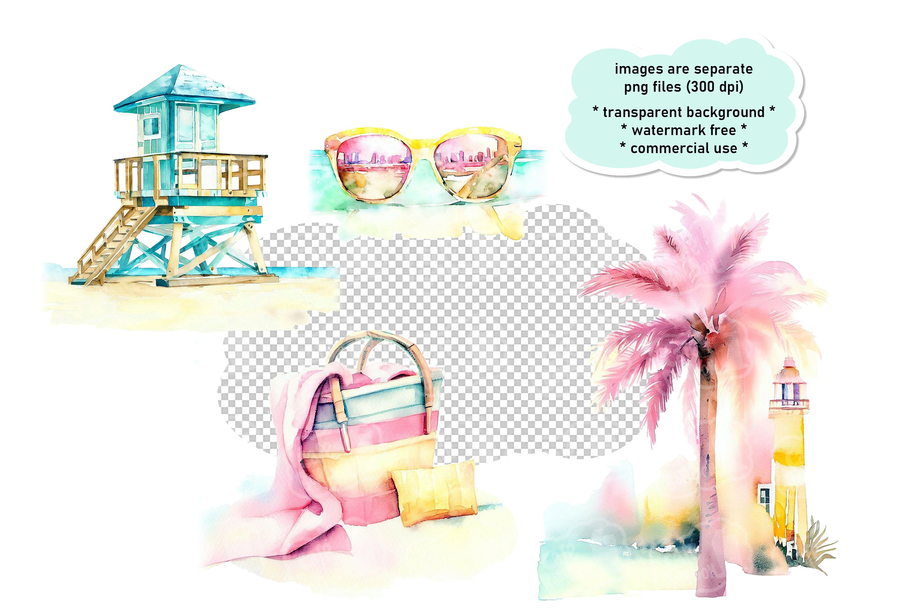 Watercolor Florida Beach Clipart | Watercolor Tropical Miami Beach Clip ...