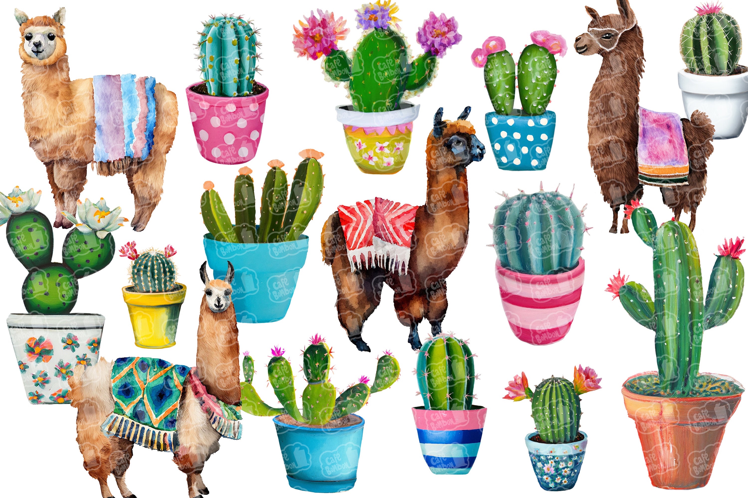 Watercolor Cactus & Llama Clip Art Cute Llama, Alpaca and Desert Cacti ...