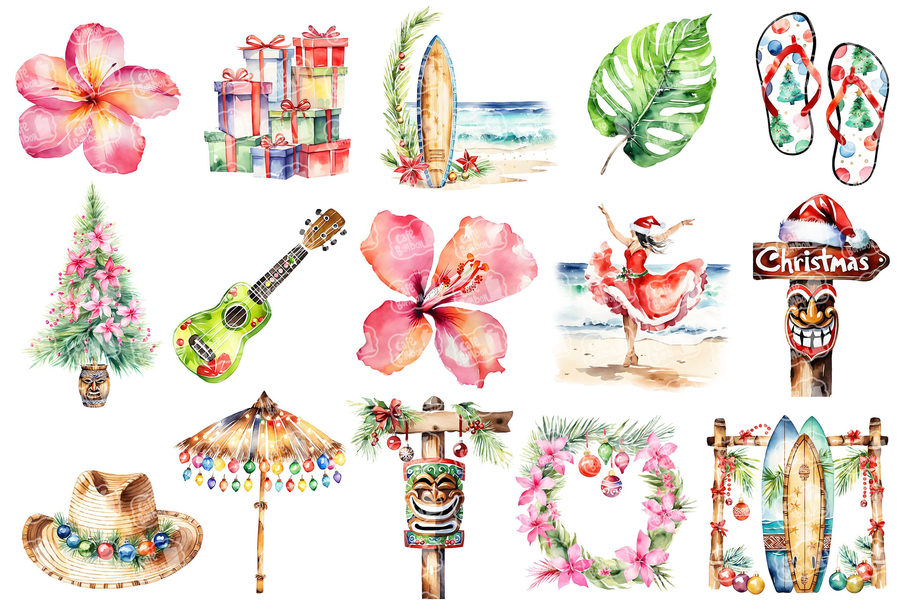 Watercolor Tropical Christmas Clipart | Watercolor Hawaii Christmas ...