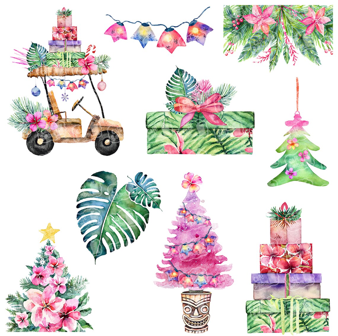 Watercolor Tropical Christmas Clipart Hawaii Christmas, Handmade Tiki ...