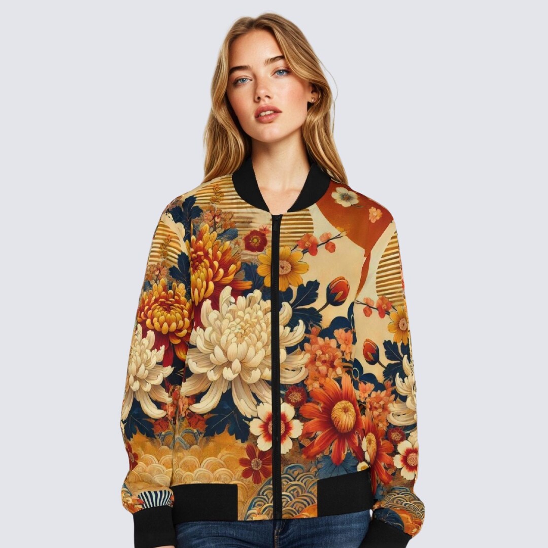 Japanese Chrysanthemum Bomber Jacket - Kimono-inspired, Elegant Floral ...