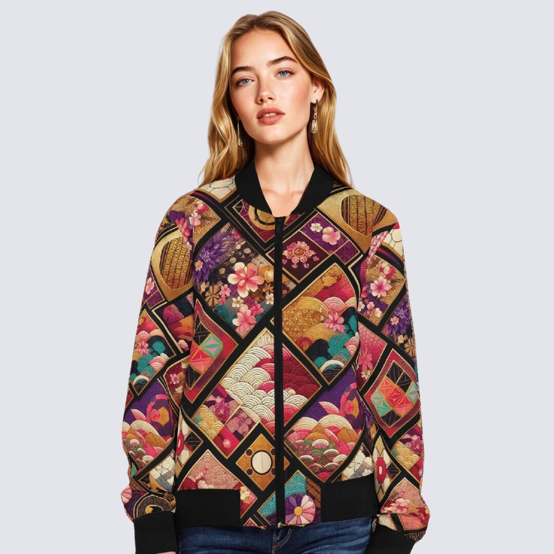 Japanese Art Bomber Jacket - Kimono-inspired, Vibrant Floral Streetwear ...